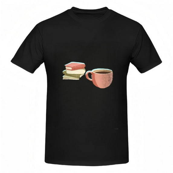 Cozy Cotton Short Sleeve Tee for Women - Graphic of Books & Coffee Cup ...