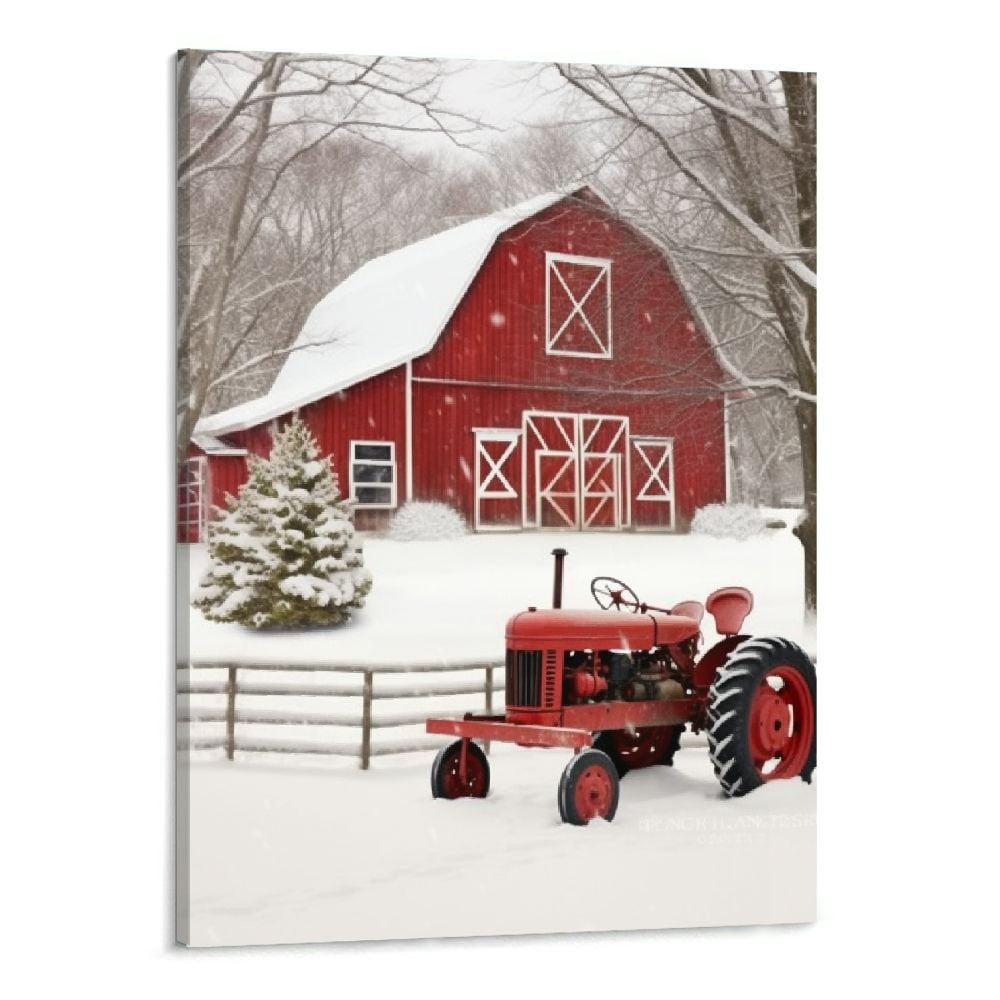 Cozy Country Christmas Wall Art Red Barn Poster Antique Farm Tractor ...