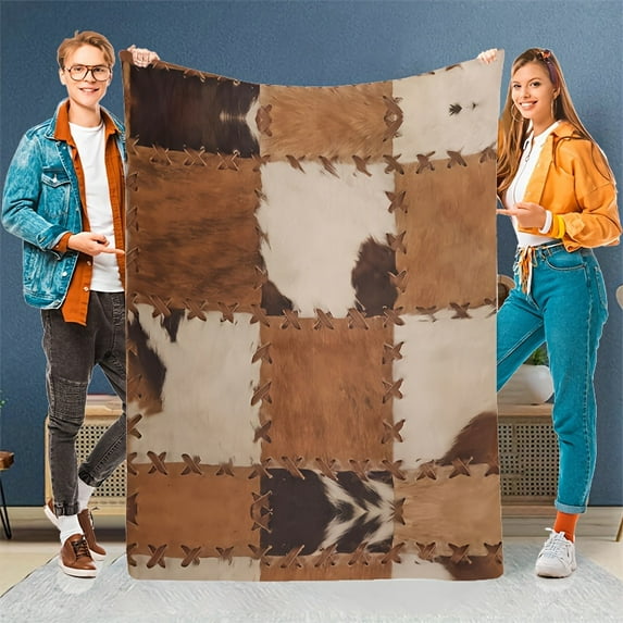 Cozy Country-Style Cowhide Print Flannel Throw Blanket - Soft, Warm ...