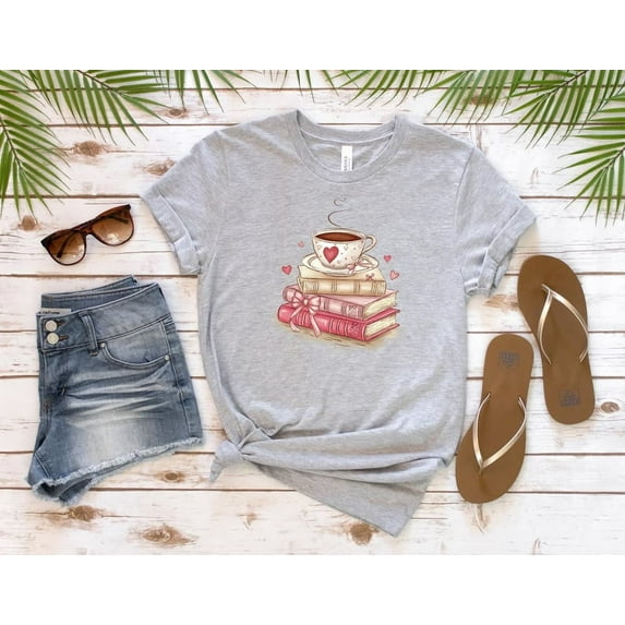 Cozy Cute Tea Cup and Stacked Books Graphic Tee for Book Lovers and ...