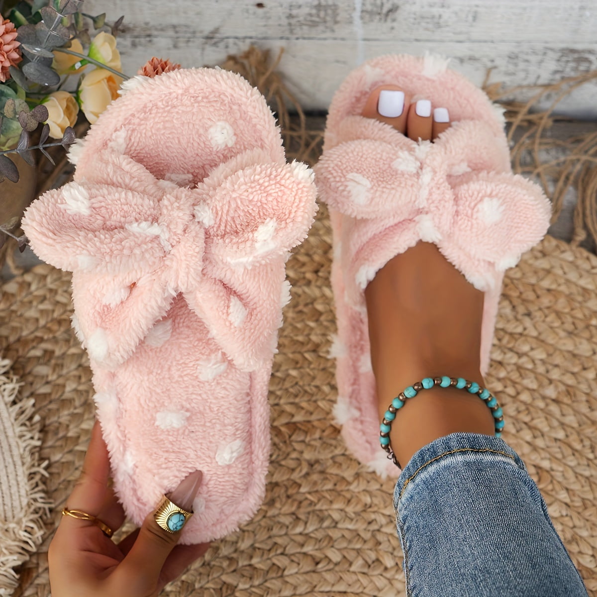 Cozy & Cute Women's Plush Slippers with Polka Dot Bow Design - Soft ...