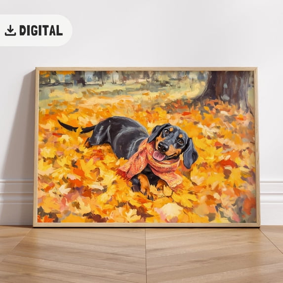 Cozy Dachshund Poster, Rustic Fall Dog Wall Art Poster Autumn Aesthetic ...
