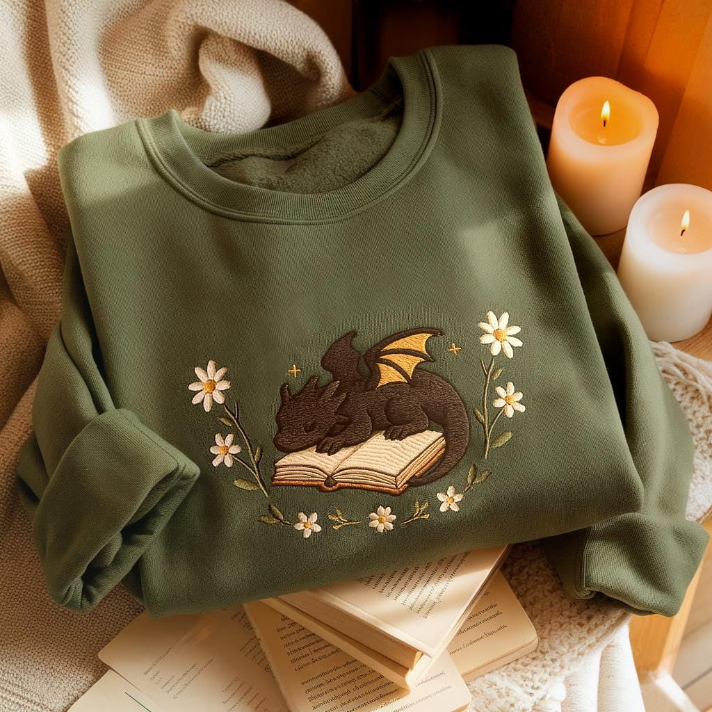 Cozy Dragon Reading Embroidered Sweatshirt | Fantasy Cottagecore Book ...