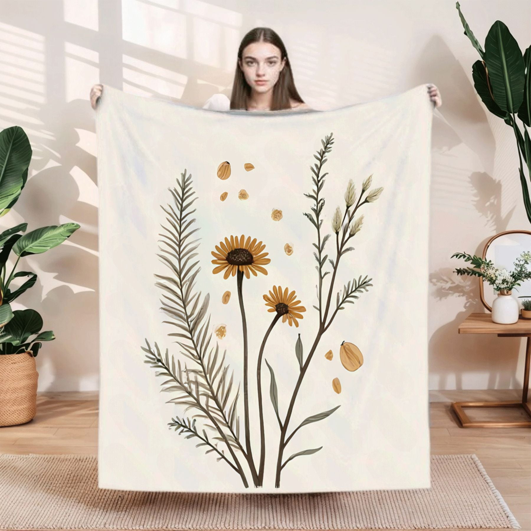 Cozy Durable Flannel Blanket - Soft Warm Floral Design with Orange ...