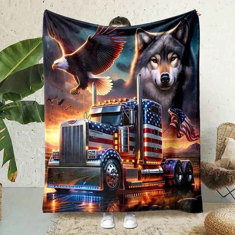 Cozy Eagle & Wolf Truck Flannel Blanket - Soft, Warm, Reversible ...