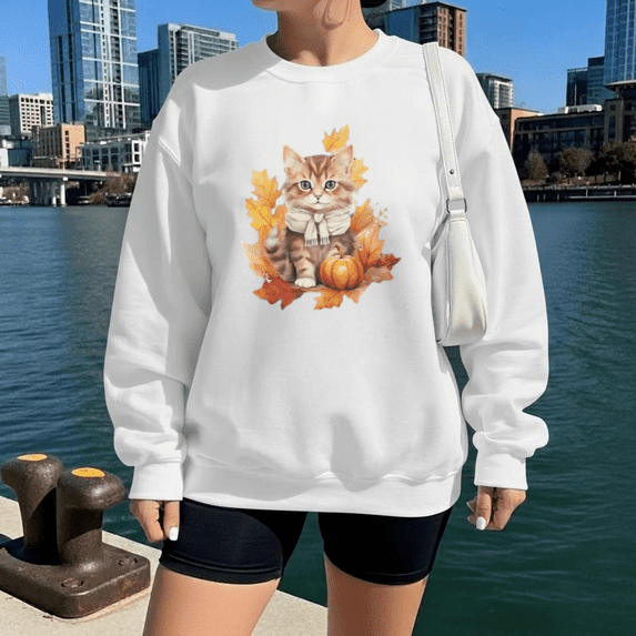 Cozy Fall Animals Cute Cat Autumn Season Graphic Art Sweatshirt, up to ...