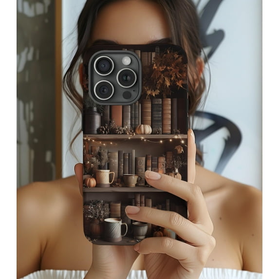Cozy Fall Bookshelf Coffee Pumpkin Case for iPhone 17 11 12 13 14 15 16 ...