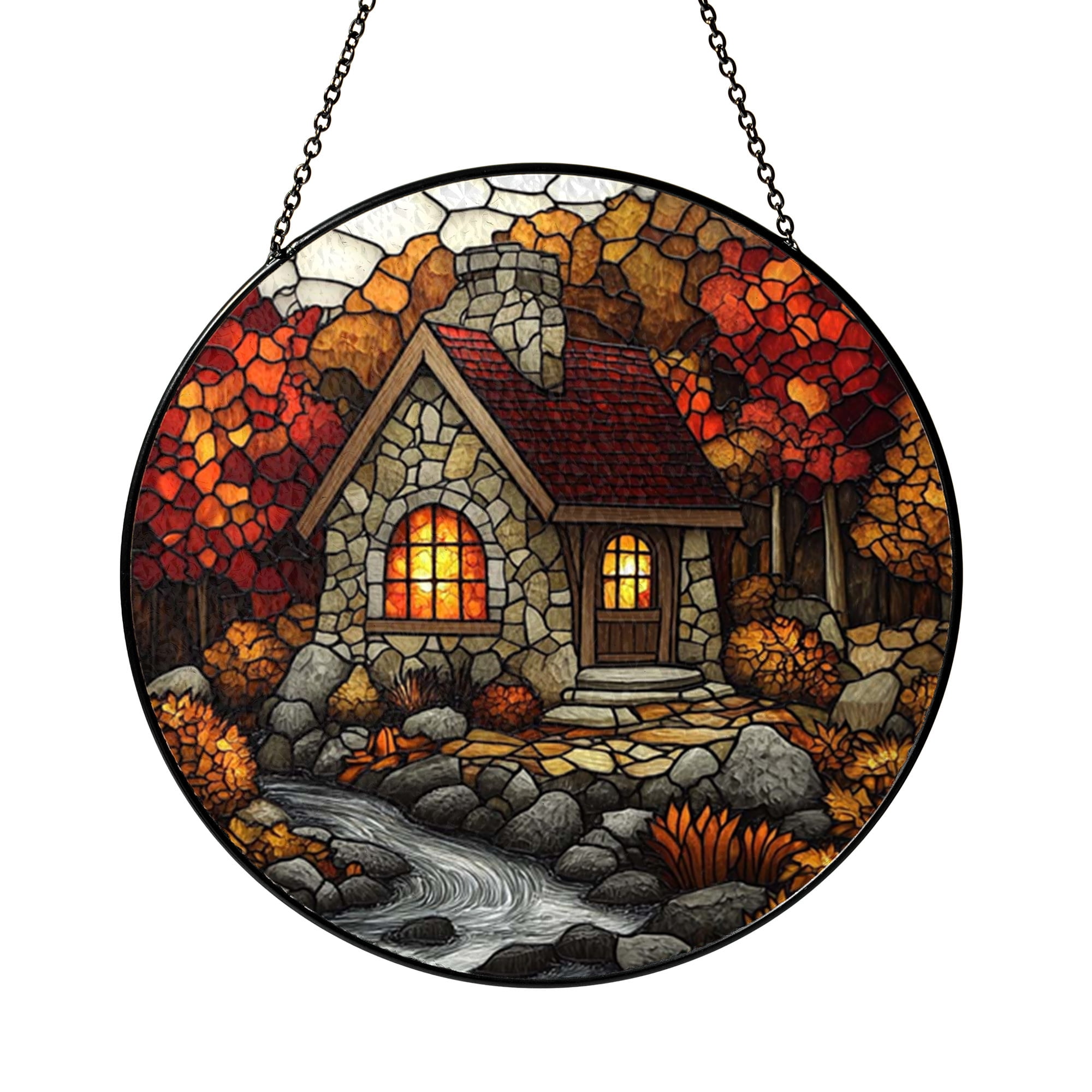 Cozy Fall Cottage Landscape Art Glass Style Window Decor2101 - Walmart.com