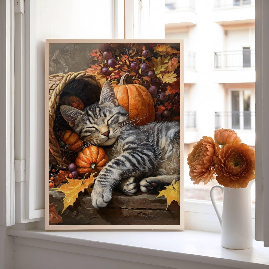 Cozy Fall Tabby Cat Wall Art, Sleeping Kitten With Pumpkins, Autumn ...
