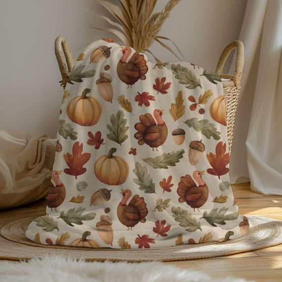 Cozy Fall Thanksgiving Flannel Blanket with Turkey & Pumpkin, Autumn ...