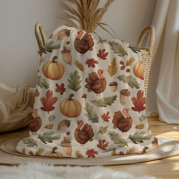 Cozy Fall Thanksgiving Flannel Blanket with Turkey & Pumpkin, Autumn ...