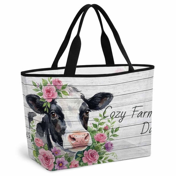 Cozy Farm Days Cow Beach Bag for Women, Large Breathable Mesh Beach ...