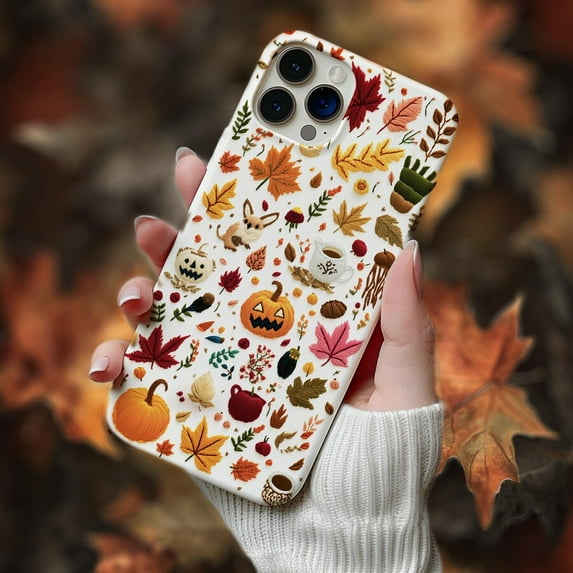 Cozy Faux Embroidery Pumpkin and Autumn Leaves Fall Phone Case with ...