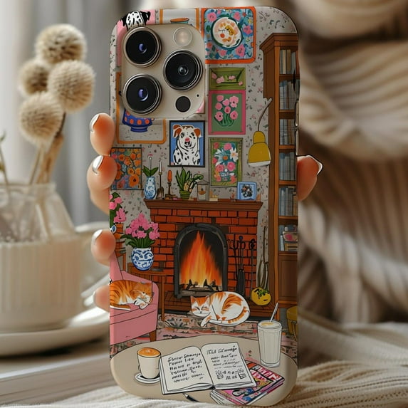 Cozy Fireplace Cat Lover Bookish Themed Phone Case 17 16 15 14 13 12 11 ...