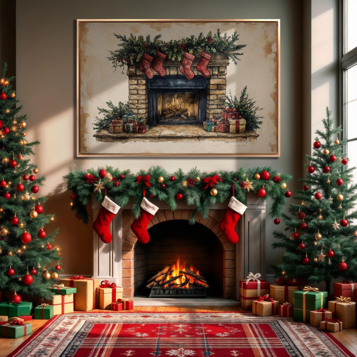 Cozy Fireplace Poster Stocking And Presents Wall Art Festive Decor Pine ...