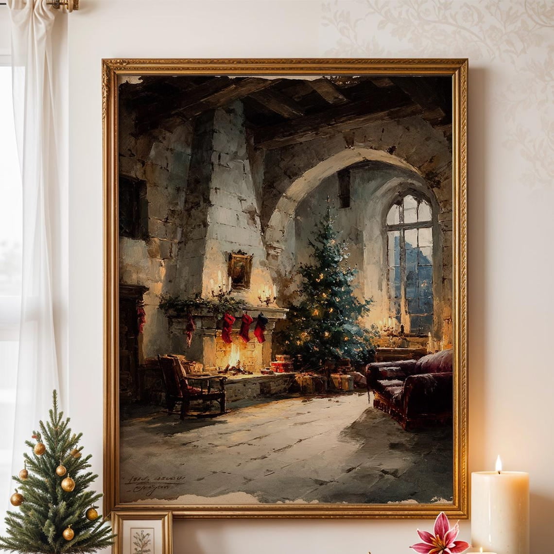 Cozy Fireplace Poster –Wall Art, Winter Home Decor, Tree & Candles ...