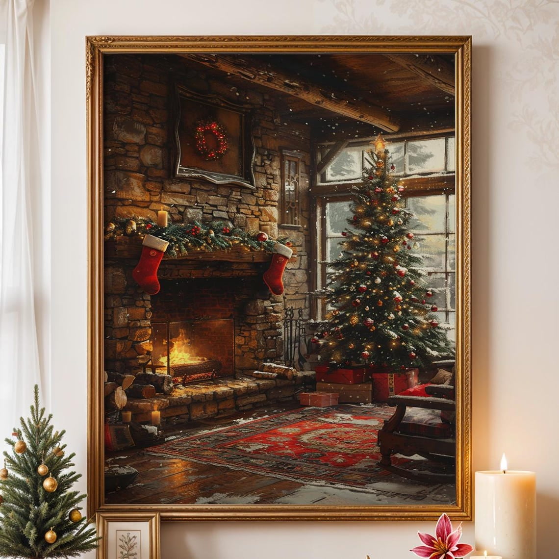 Cozy Fireplace Poster – Winter Tree Wall Art, Posters, Rustic Cabin ...