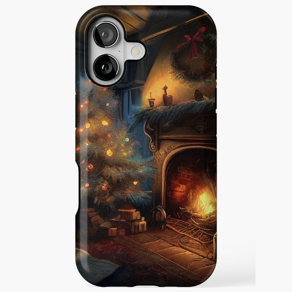 Cozy Fireplace with Evergreen Tree Warm Holiday Art Phone Case 17 to 11 ...