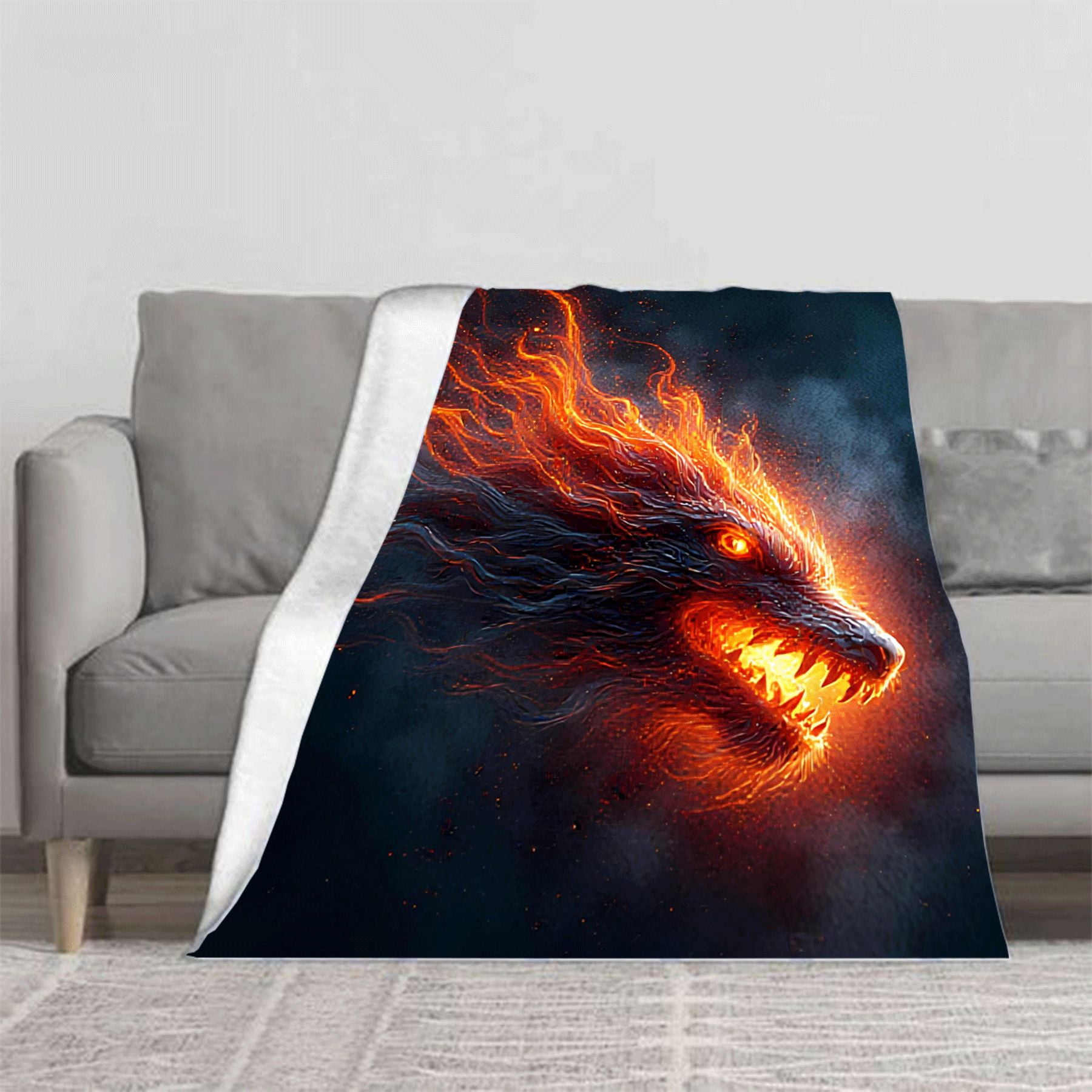 Cozy Flannel Blanket - Soft Warm Durable with Fiery Wolf Design Perfect ...