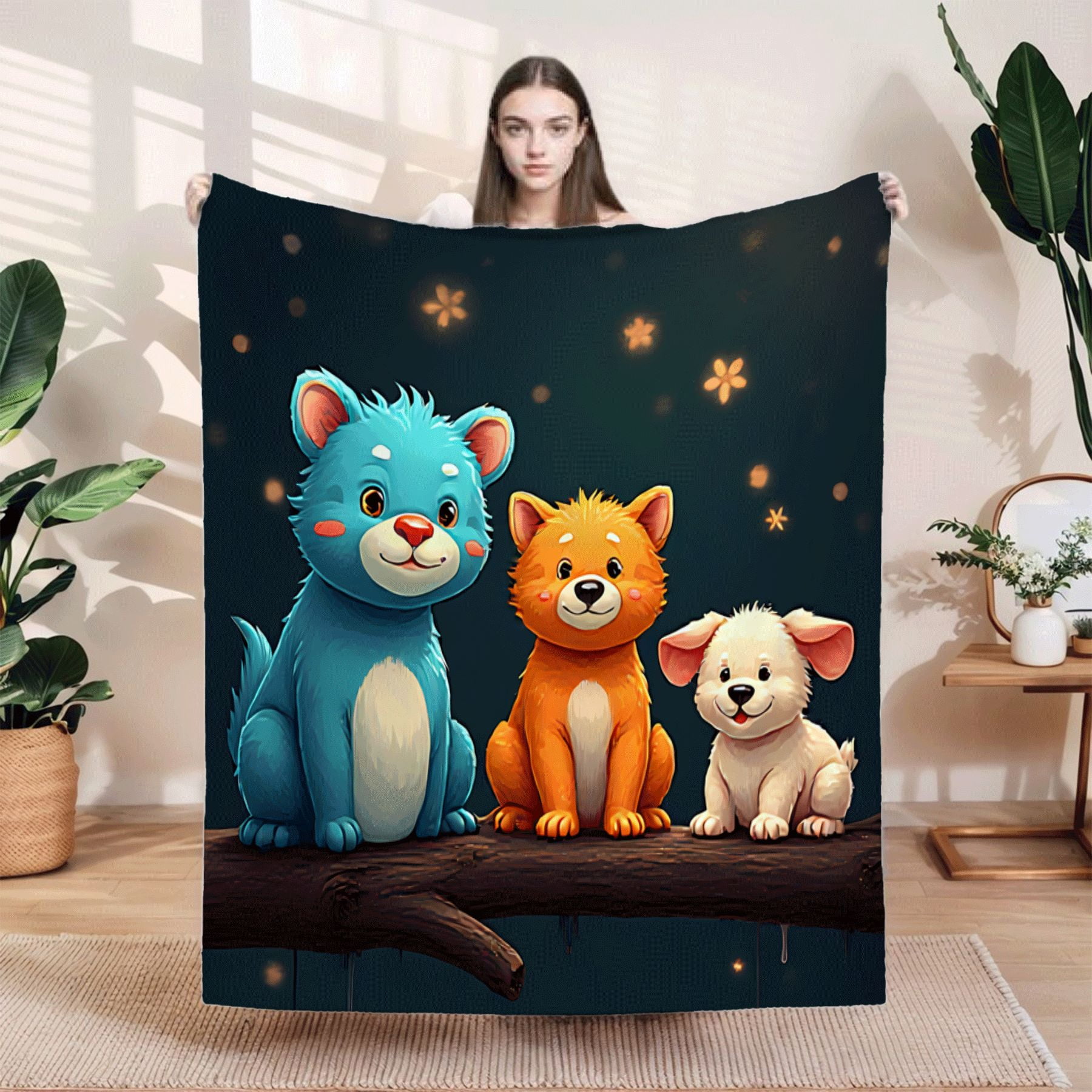 Cozy Flannel Blanket with Adorable Cartoon Animals on a Starry Night ...