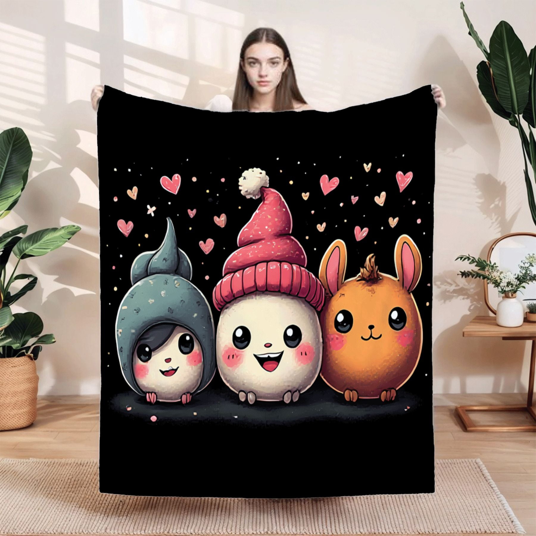 Cozy Flannel Blanket with Adorable Cartoon Characters & Heart Pattern ...