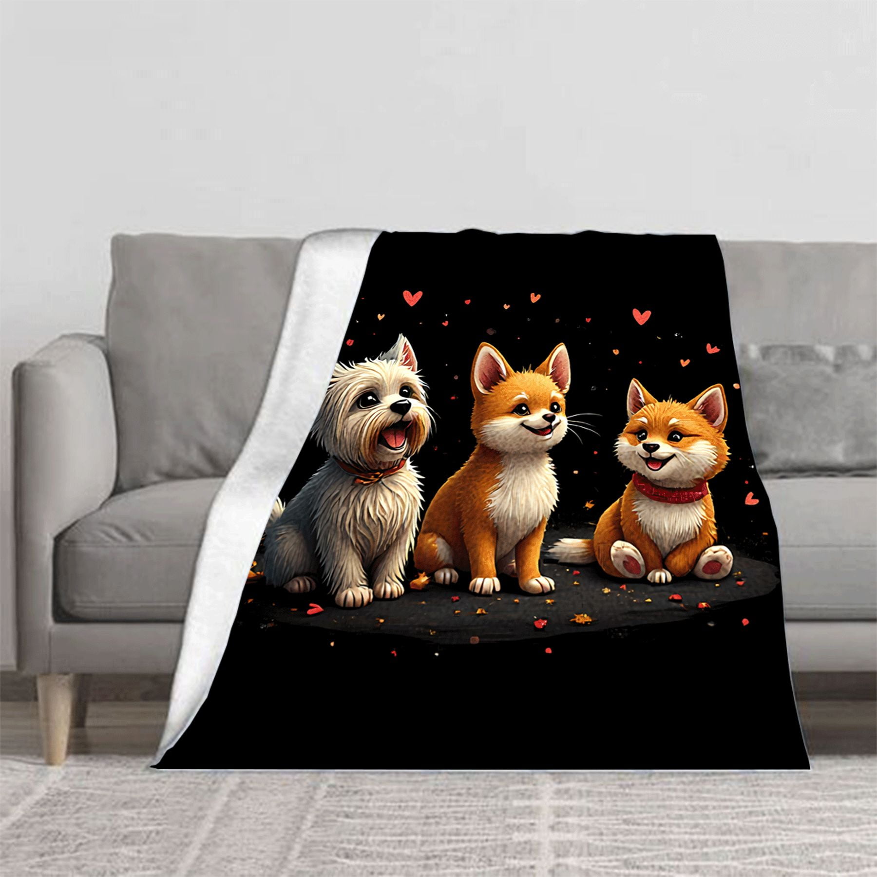 Cozy Flannel Blanket with Adorable Cartoon Dogs & Floating Hearts ...