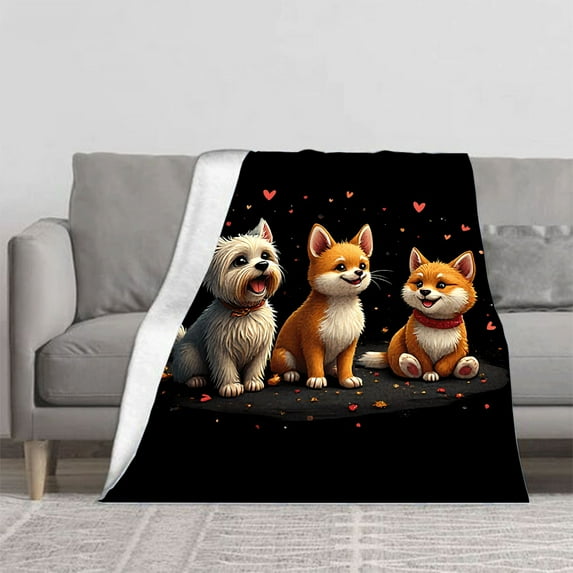 Cozy Flannel Blanket with Adorable Cartoon Dogs & Floating Hearts ...