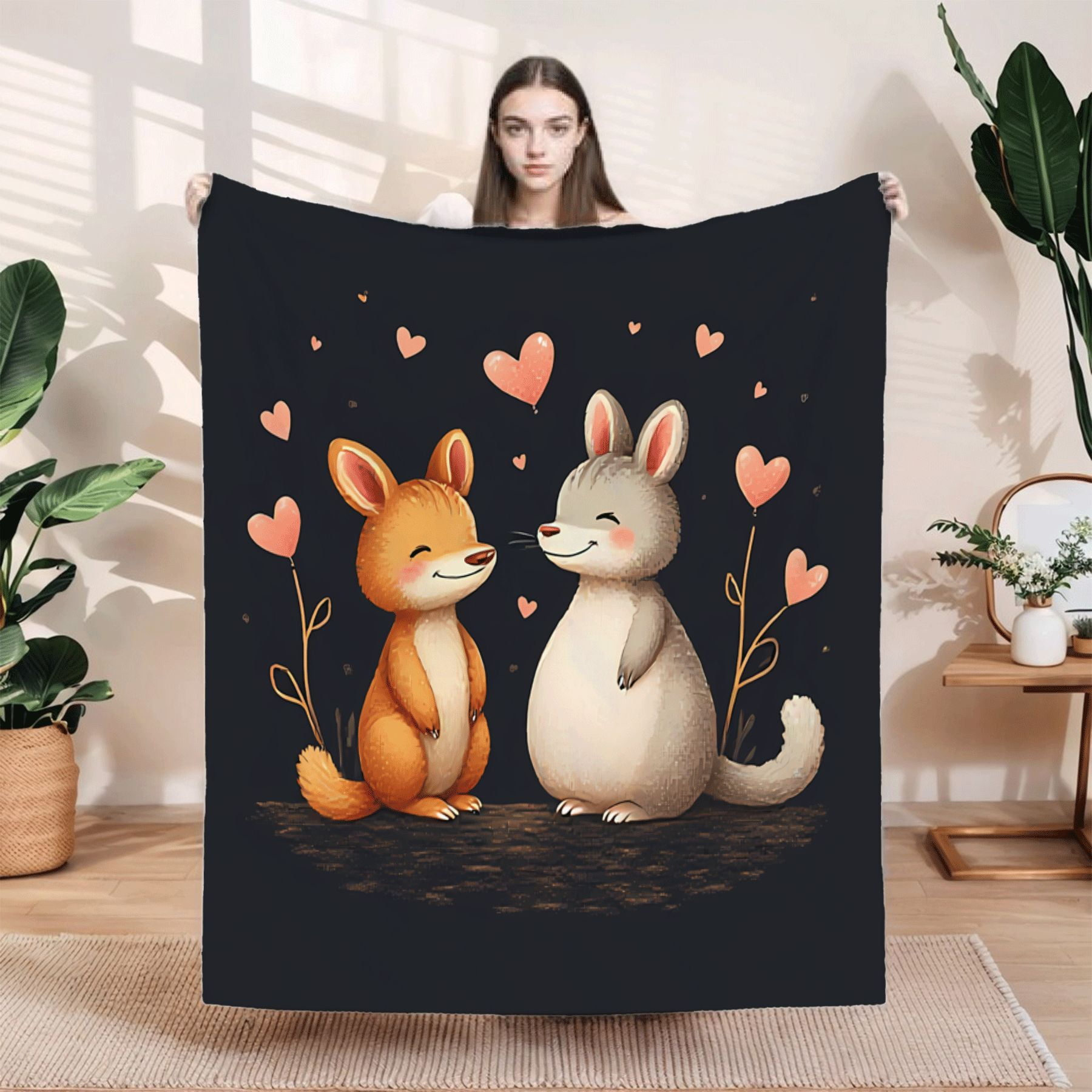 Cozy Flannel Blanket with Adorable Fox & Rabbit Design Perfect for Sofa ...