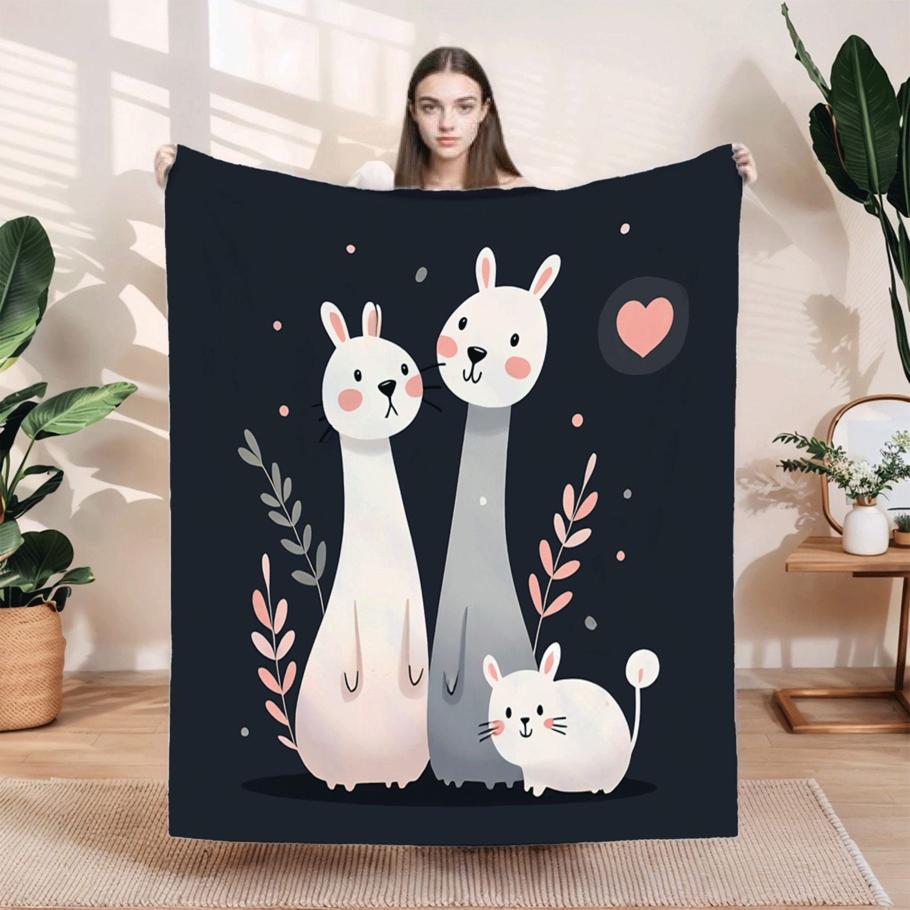 Cozy Flannel Blanket with Adorable Stylized Animals: Rabbit and Mouse ...