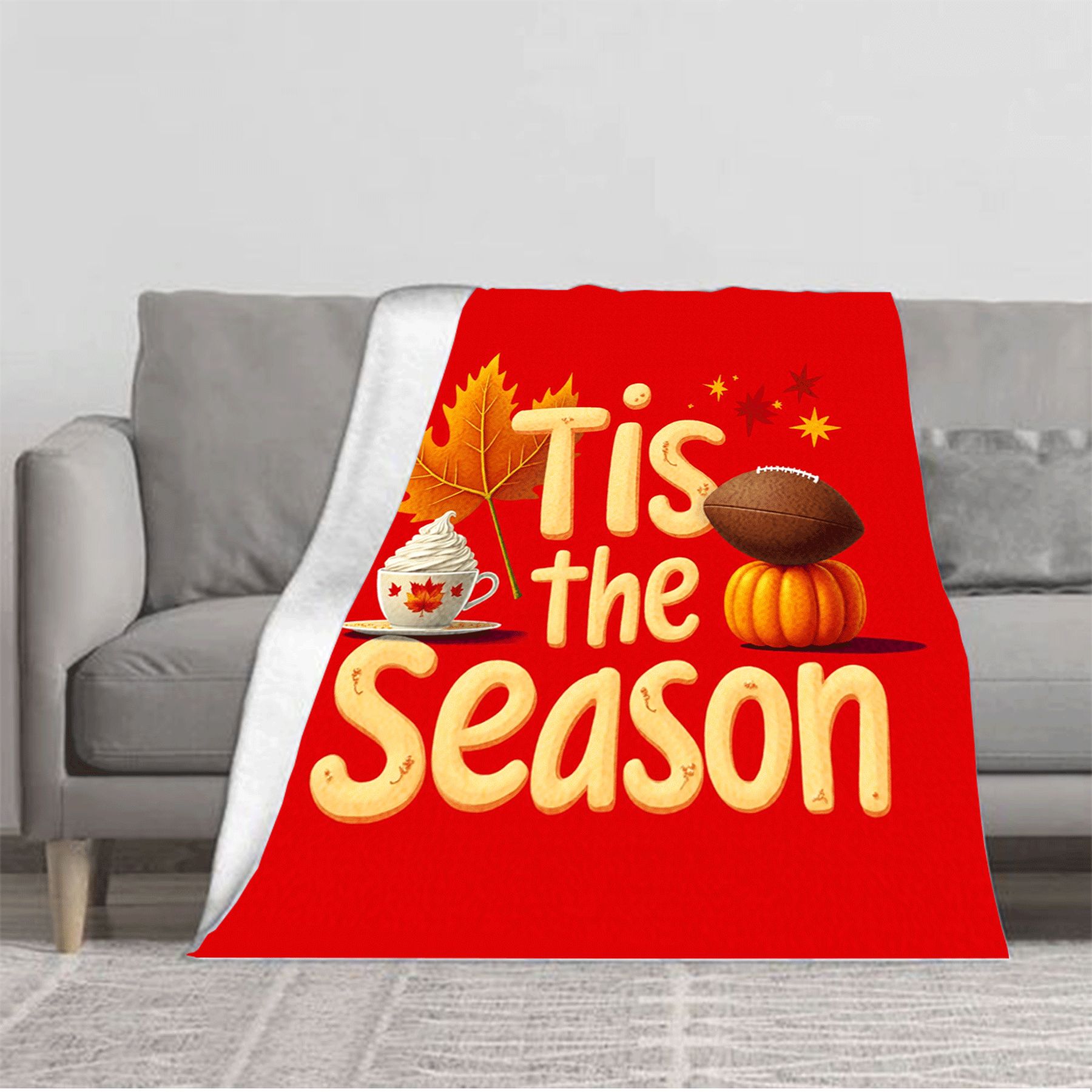 Cozy Flannel Blanket with Autumn-Themed Design: Vibrant Red Background ...
