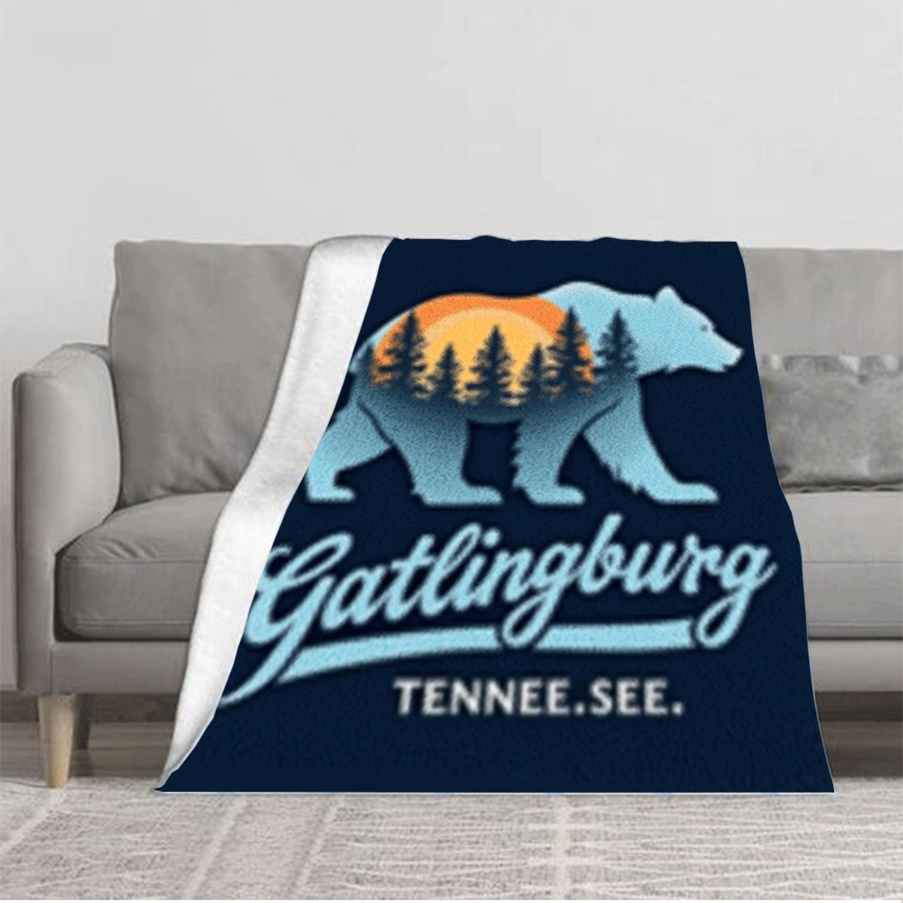 Cozy Flannel Blanket with Bear Silhouette & Pine Tree Sunset Design ...