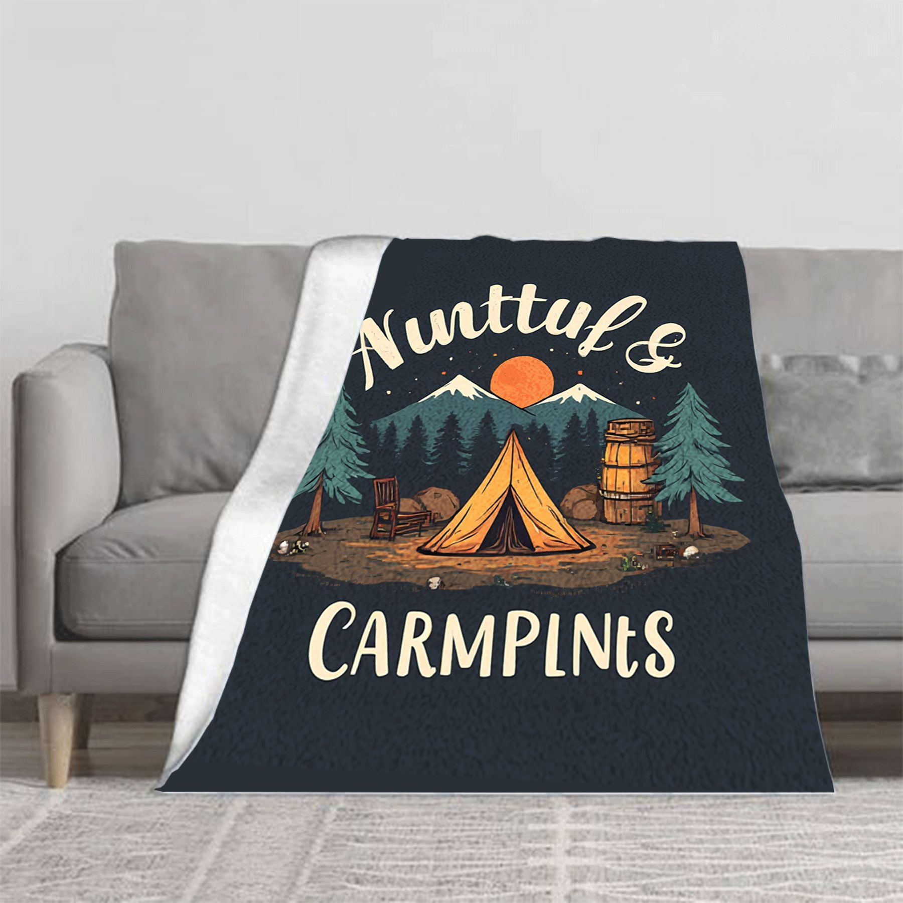 Cozy Flannel Blanket with Camping Scene Design - Soft Warm Perfect for ...