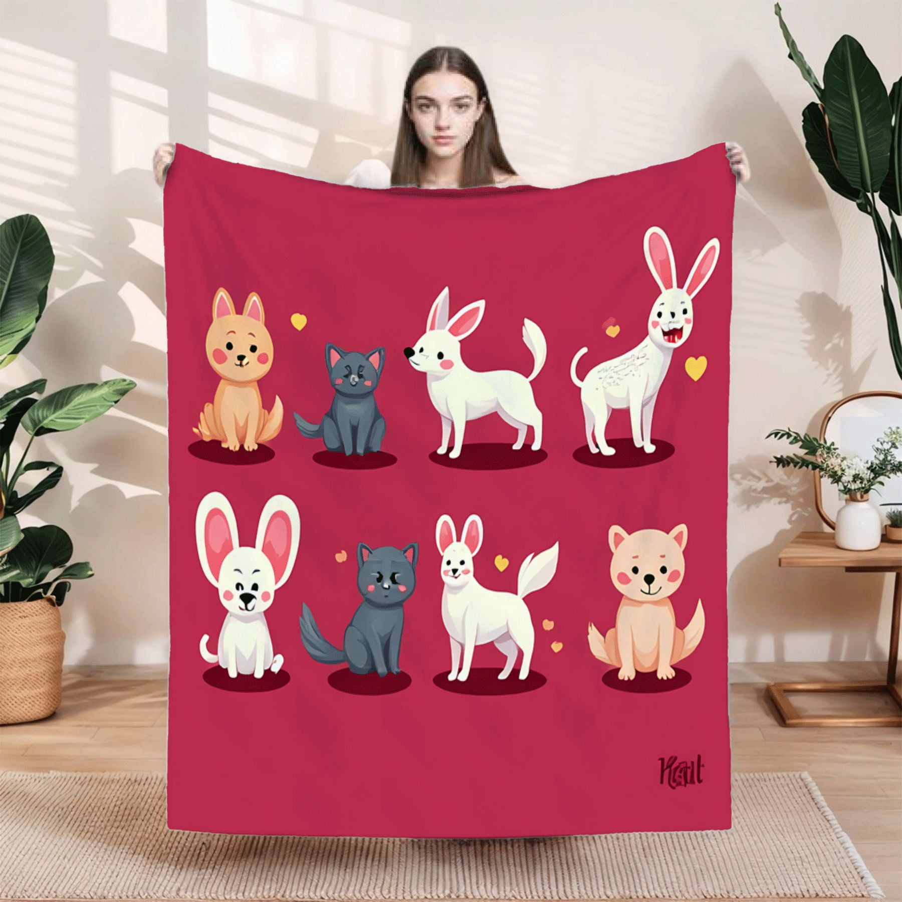 Cozy Flannel Blanket with Cartoon Animals & Hearts - Soft Warm Throw ...