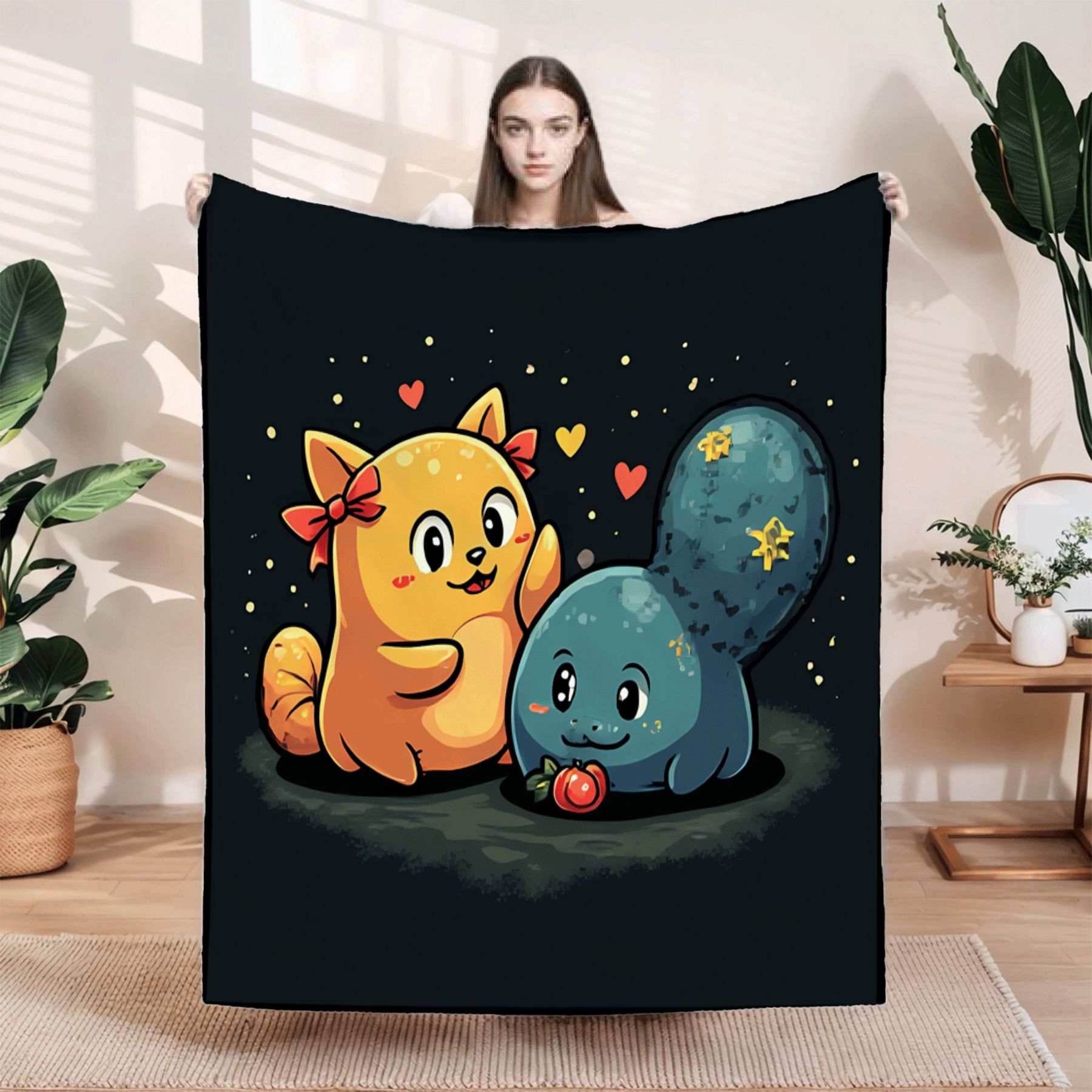 Cozy Flannel Blanket with Cartoon Characters: Orange & Blue with Hearts ...