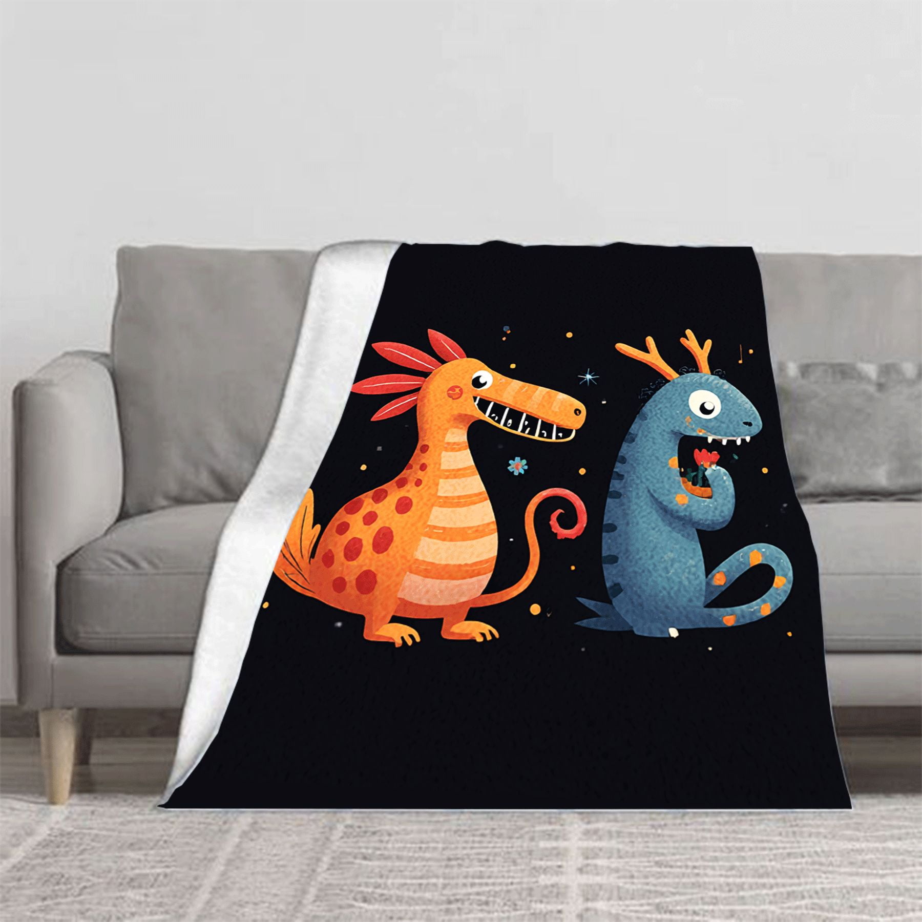 Cozy Flannel Blanket with Cartoon Creatures Design - Soft Warm Perfect ...