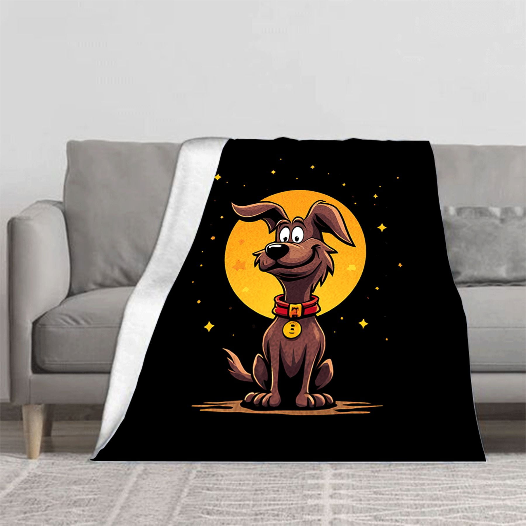 Cozy Flannel Blanket with Cartoon Dog & Yellow Moon Design - Soft Warm ...