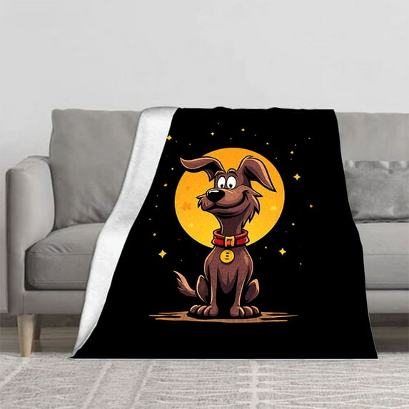 Cozy Flannel Blanket with Cartoon Dog & Yellow Moon Design - Soft Warm ...