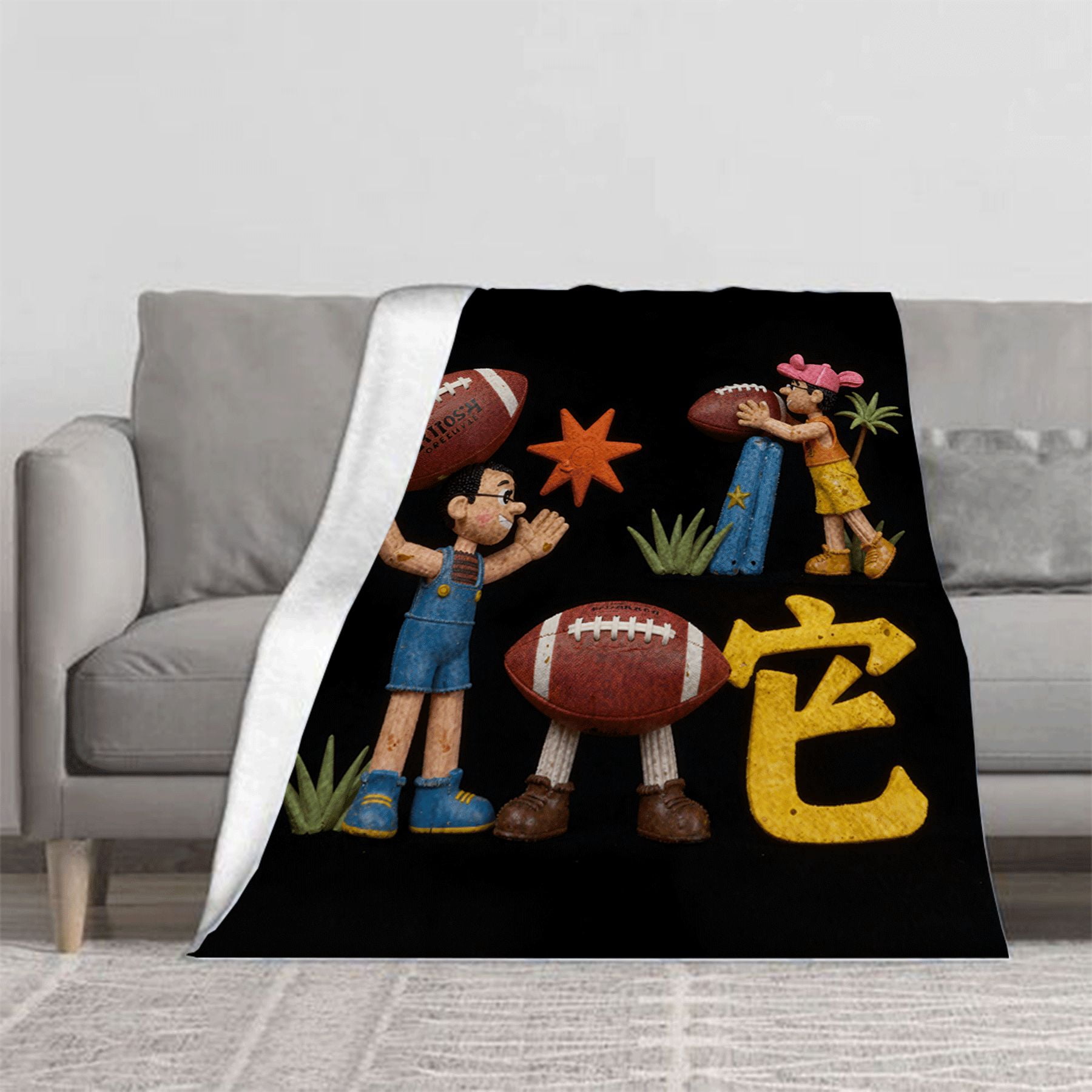 Cozy Flannel Blanket with Cartoon Football Characters Perfect for Sofa ...