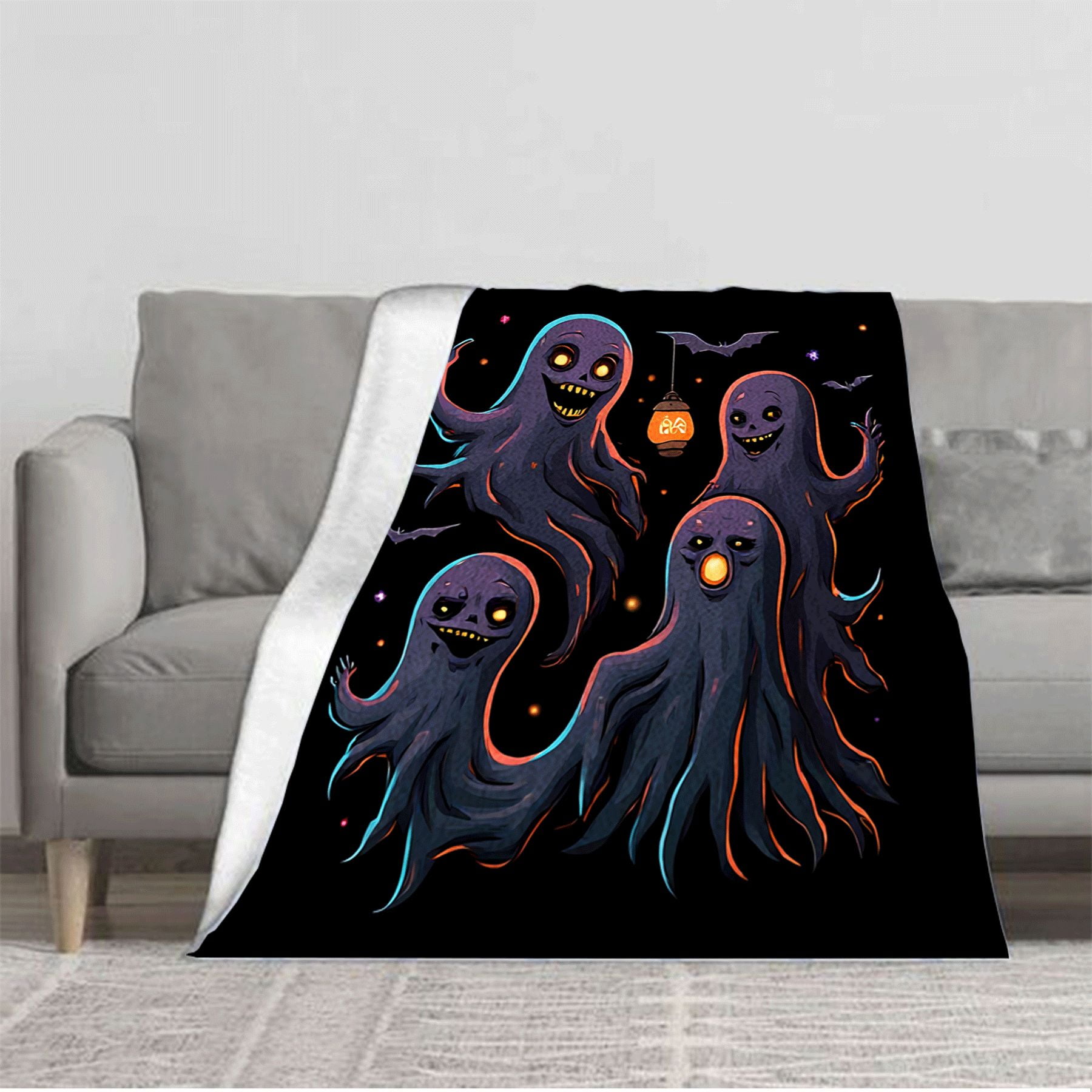 Cozy Flannel Blanket with Cartoon Ghosts & Bats Design Soft Warm Throw ...