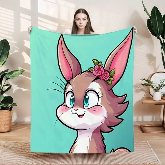 Cozy Flannel Blanket with Cartoon Rabbit Design - Soft Warm Perfect for ...