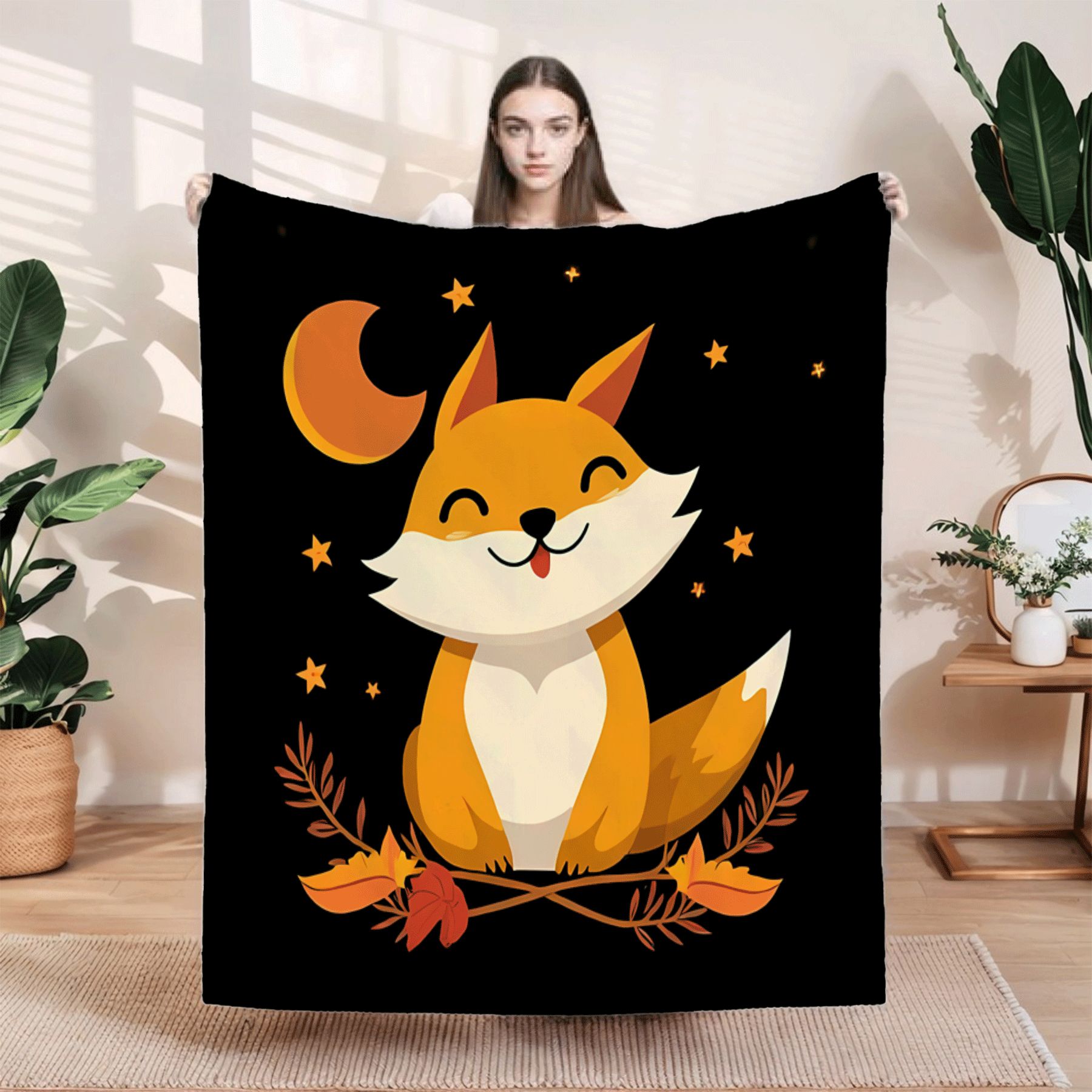 Cozy Flannel Blanket with Cheerful Cartoon Fox Design Perfect for Sofa ...