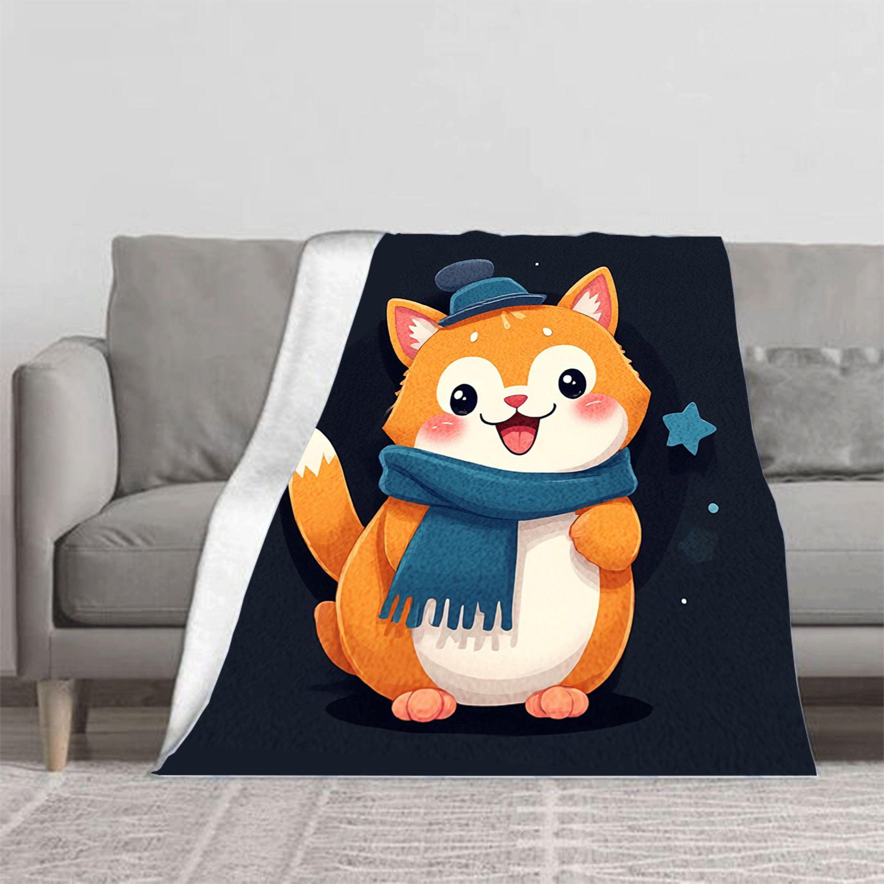 Cozy Flannel Blanket with Cheerful Cartoon Fox Design - Soft Warm ...