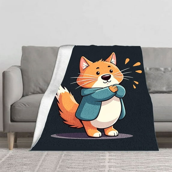 Cozy Flannel Blanket with Cheerful Cartoon Fox Design - Soft Warm ...