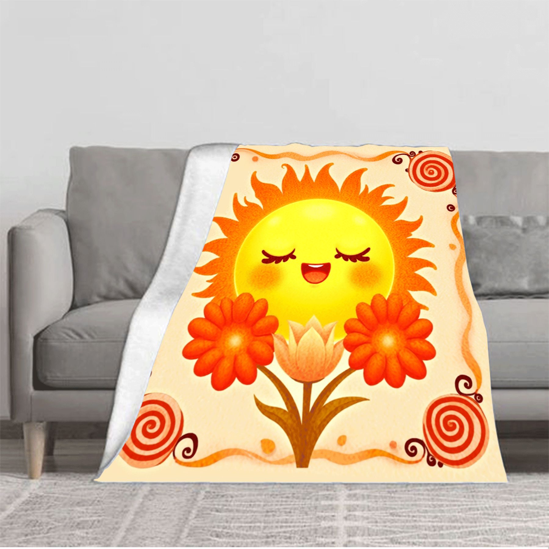 Cozy Flannel Blanket with Cheerful Sun & Vibrant Flowers Design - Soft ...