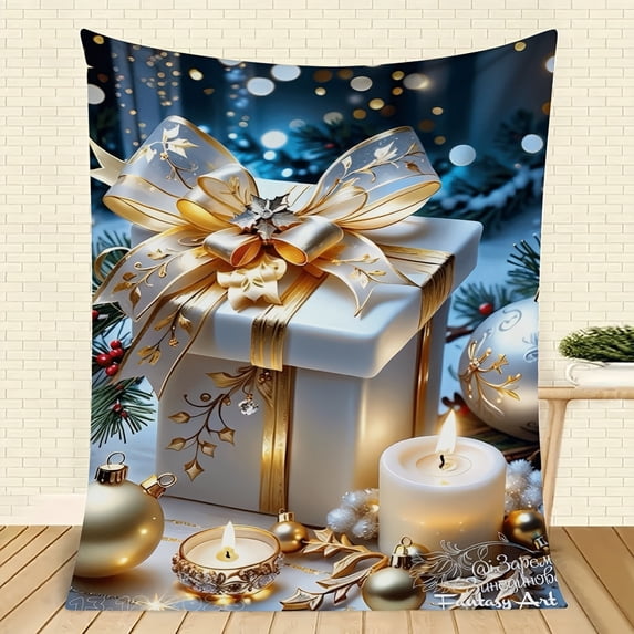 Cozy Flannel Blanket with Christmas Gift Box & Candles Print, Super ...