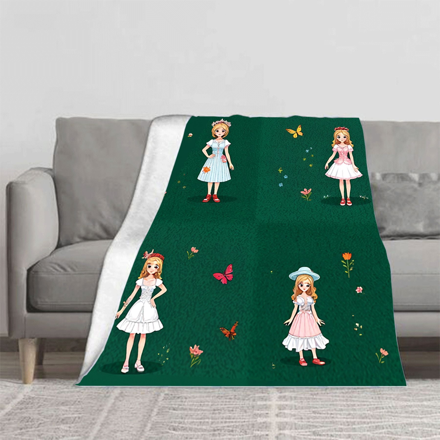 Cozy Flannel Blanket with Colorful Cartoon Characters in Dresses - Soft ...