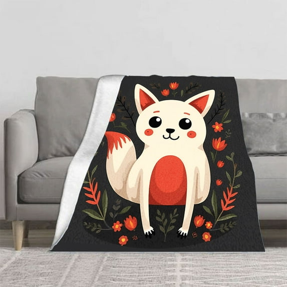 Cozy Flannel Blanket with Cute Cartoon Fox & Colorful Flower Design ...