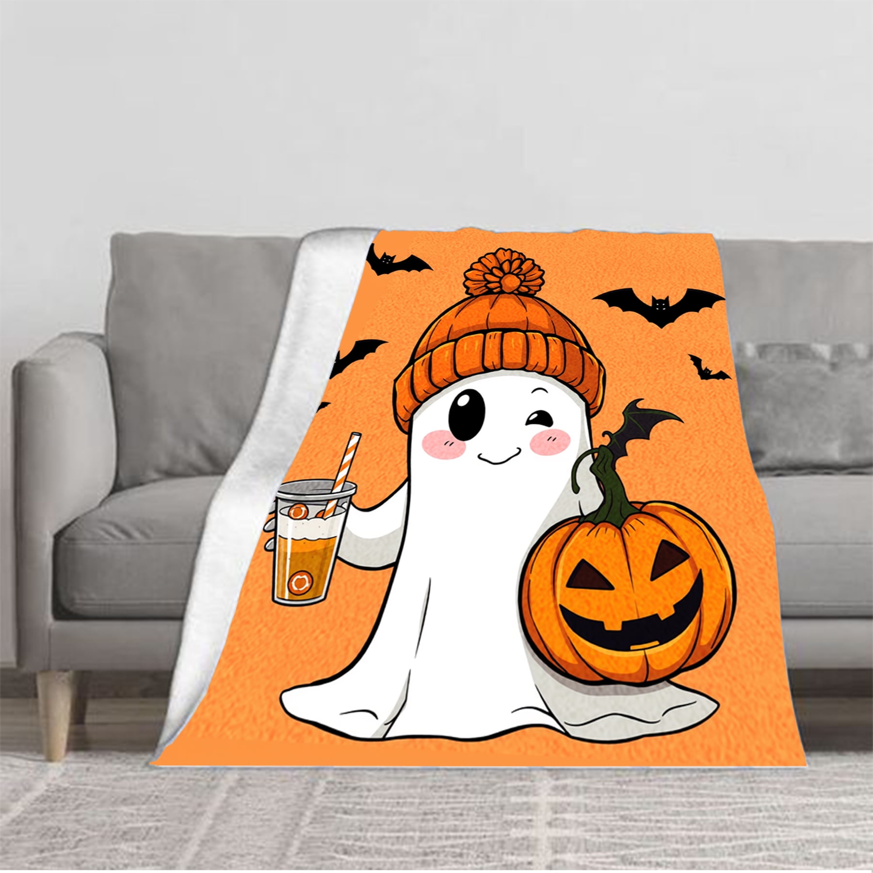Cozy Flannel Blanket with Cute Cartoon Ghosts Orange Hat & Pumpkin ...