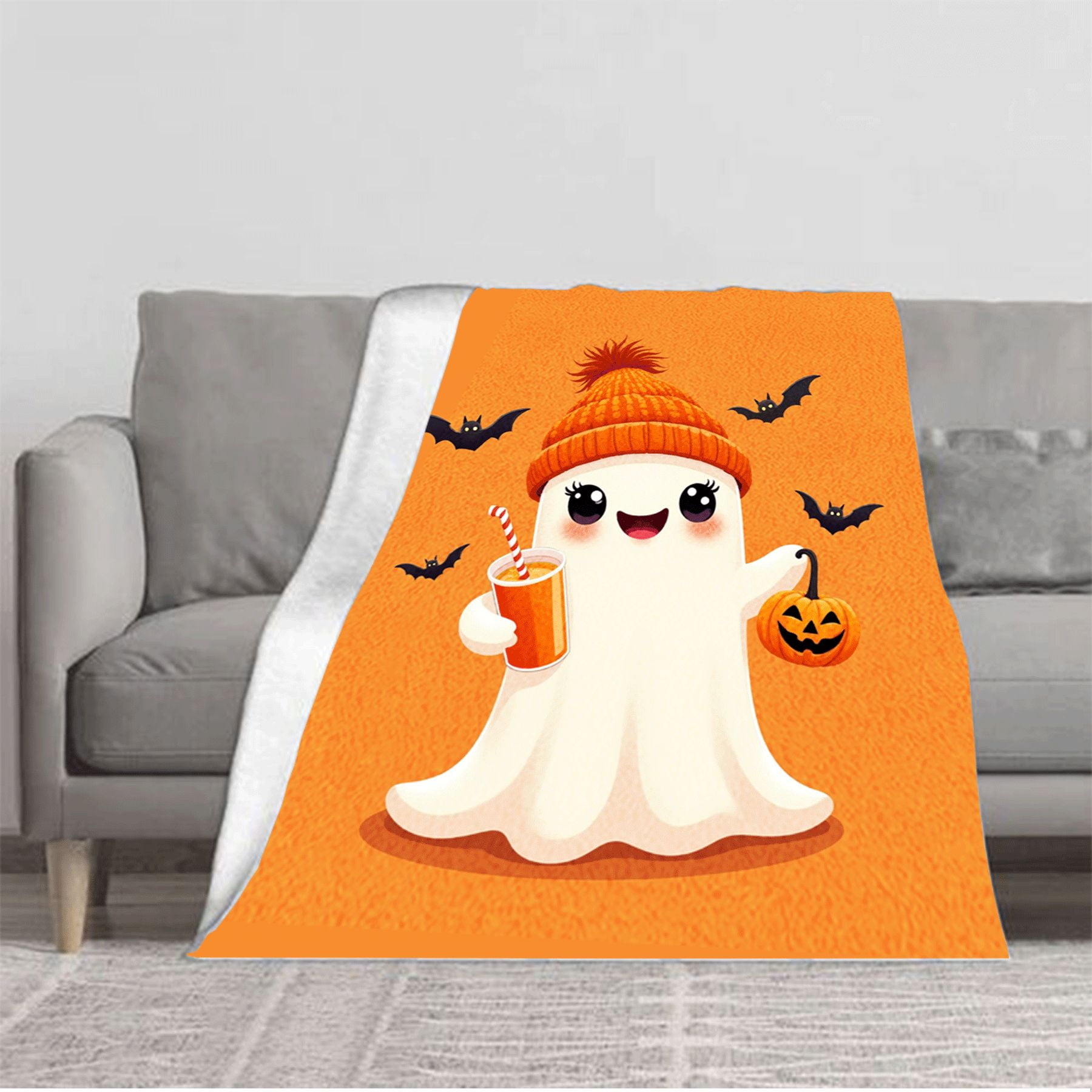 Cozy Flannel Blanket with Cute Ghost & Halloween Theme - Soft Warm ...