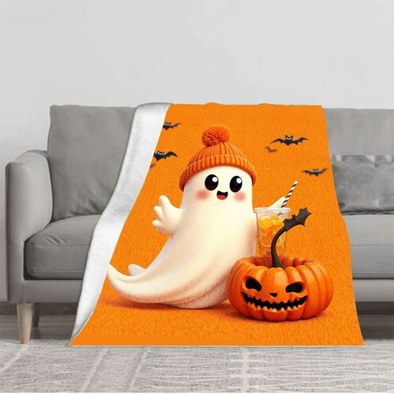 Cozy Flannel Blanket with Cute Ghosts & Pumpkins Design - Soft Warm ...